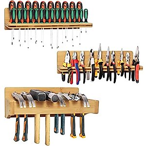 Wokyy Screwdriver Rack Wall Mount, Wood Pliers Holder, Hammer Rack, Wooden Tool Storage Organizer for Garage Workshop - 3 Pack