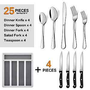 E-far 24-Piece Silverware Set with Organizer Tray and Steak Knives, Stainless Steel Flatware Cutlery Service for 4, Basic Tableware Eating Utensils for Home Kitchen, Mirror Polished, Dishwasher Safe
