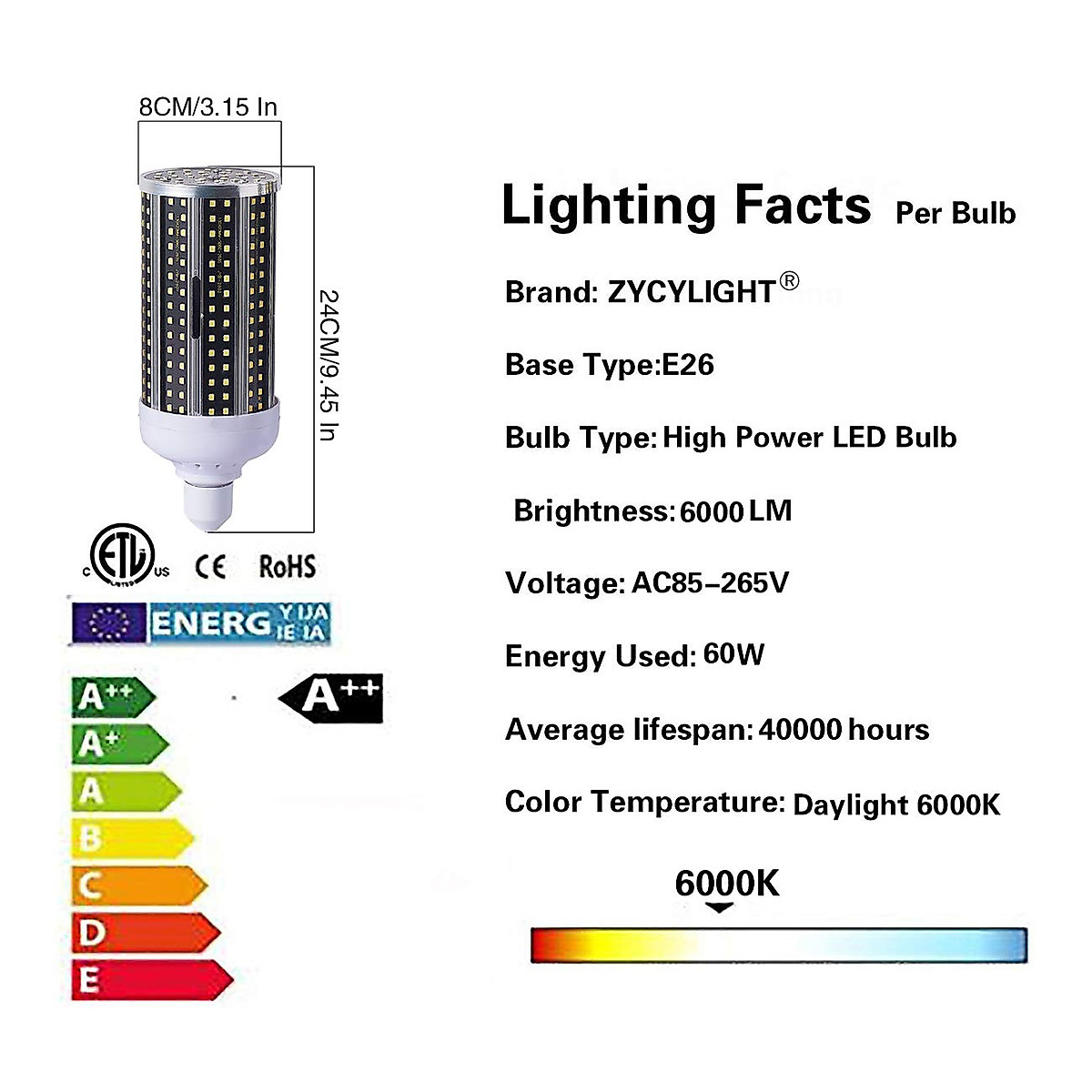 LED Corn Bulb,60 Watt (400W Equivalent),5500 Lumen,6000K- 6500K,Cool Daylight LED Street and Area Light,E26/E27 Medium Base,for Outdoor Indoor Garage Warehouse High Bay Barn Backyard and More，2 Pack