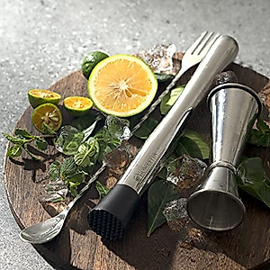 Homestia Stainless Steel Muddler for Cocktails Set, 10" Muddler and 12" Mixing Spoon with Cocktail Jigger, 3 Piece Bar Accessories Tools for Mojitos Making, Stirring, Fruit Drinks