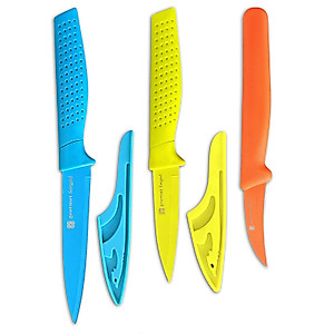 Gourmet Forged ColorSlice 3 PC Color-Coded Paring Knife Set. 5" Fruit Knife, 3.5" Paring, 3" Bird Beak Hook Peeler Curved Non Stick Dishwasher Safe Knives Sharp Stainless Steel Anti Rust