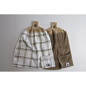 Set of 2 Tan Double Thickness Kitchen Towels - Hanging Towels - Light Brown & White Plaid Design with Cream Cotton Crochet Top - Moms Gift - Best Quality Towels