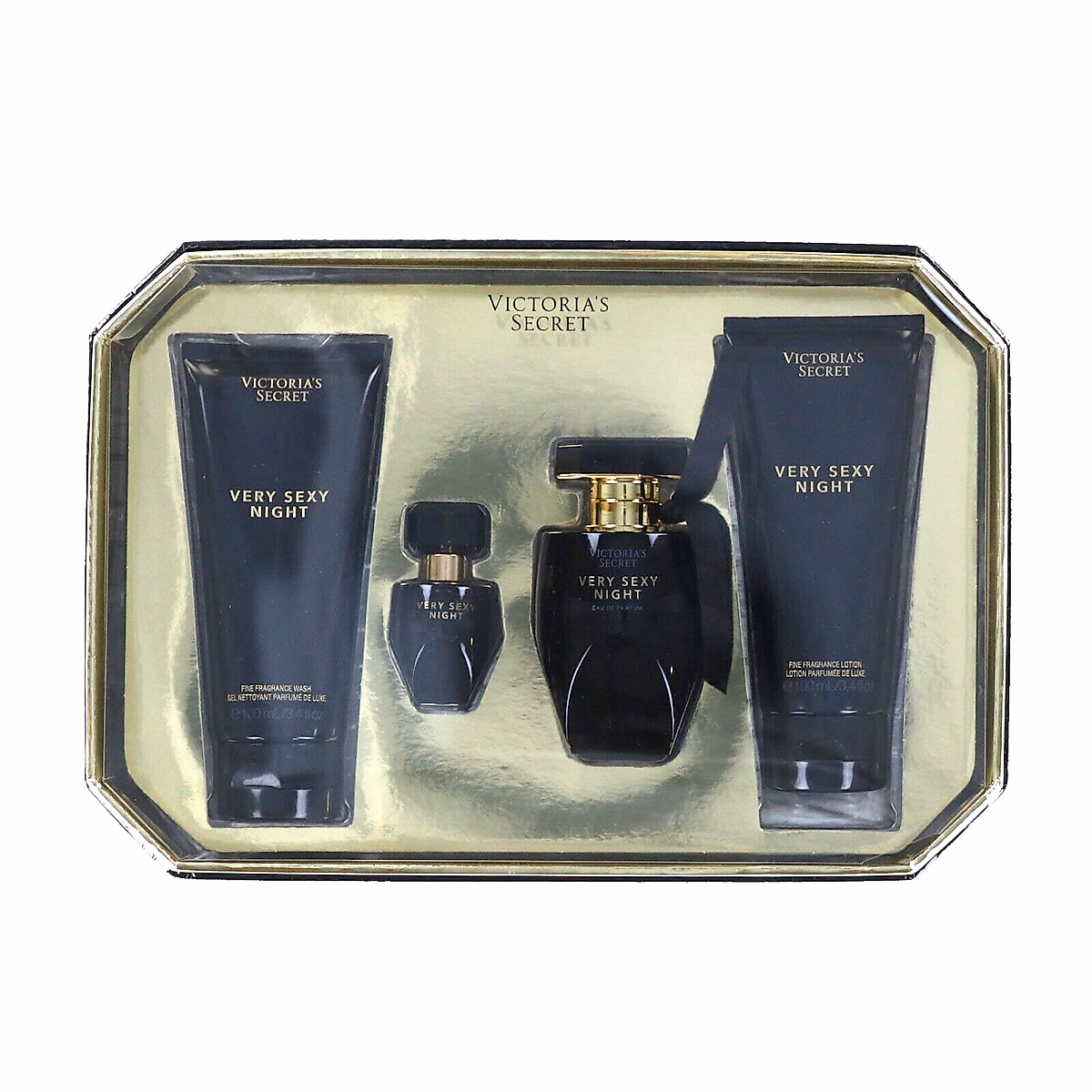 Victoria's Secret Very Sexy Night eau de parfum 4 Piece Gift Set 3.4 Ounce Eau de Parfum & Velvet Body Cream & Body Wash (Very Sexy Night)