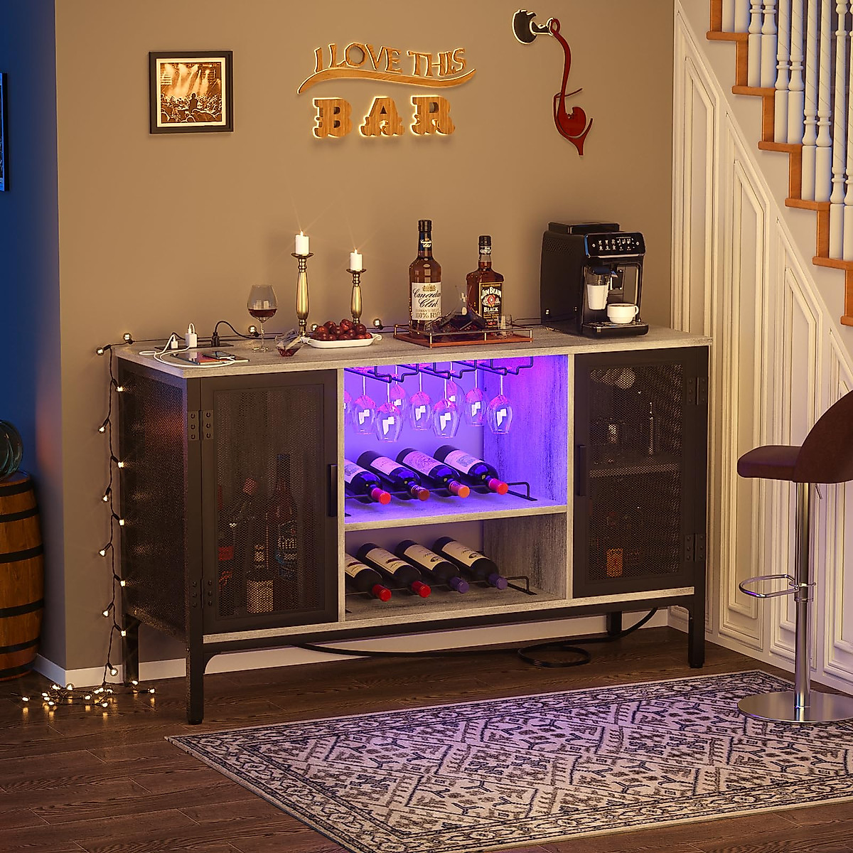 Homieasy Wine Bar Cabinet with Led Lights and Power Outlets, Industrial Coffee Bar Cabinet for Liquor and Glasses, Farmhouse Bar Cabinet with Removable Wine Racks, Light Oak