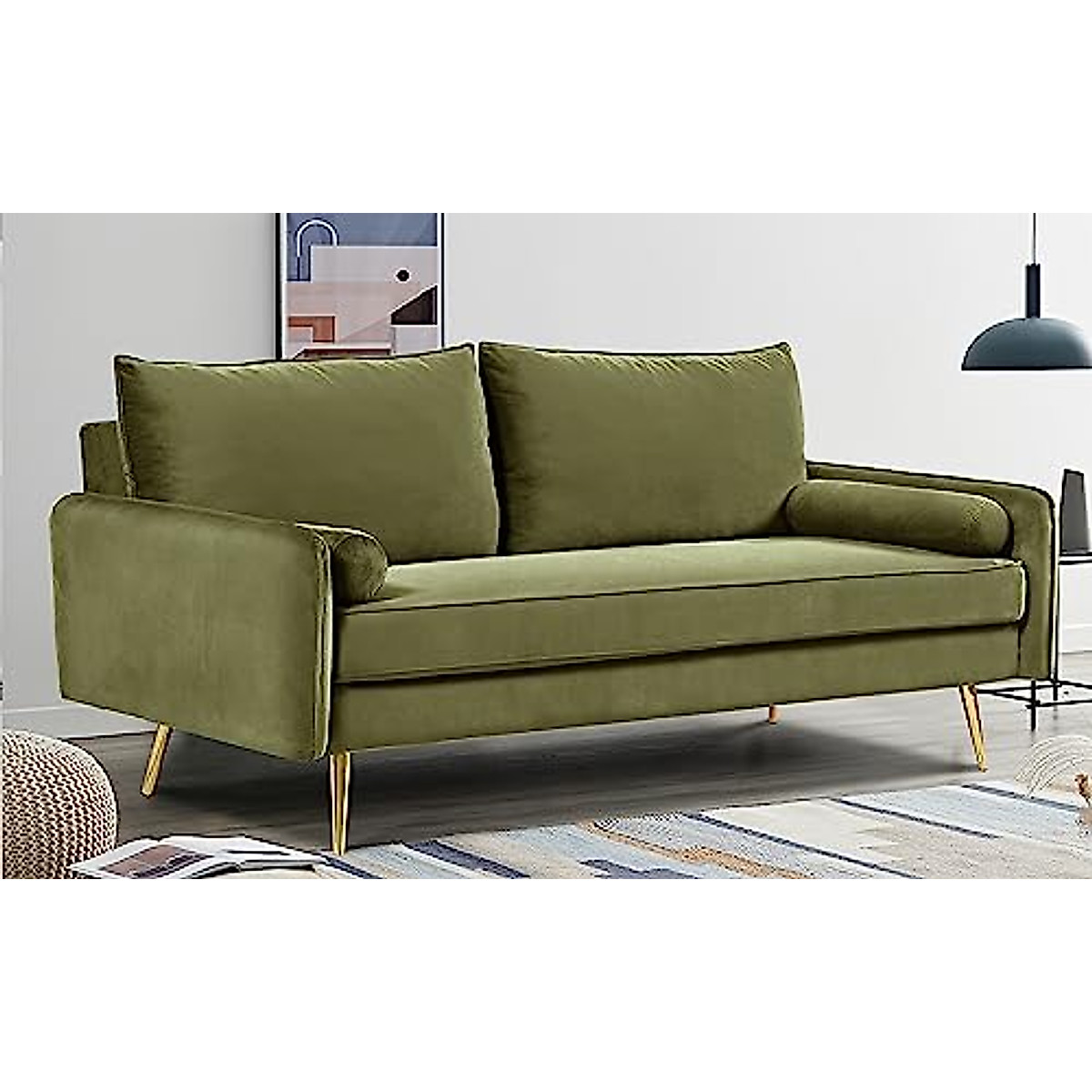 Container Furniture Direct Kent Modern Sofa, European Style Velvet Living Room Furniture with Tapered Legs, Vintage Flair, and Sleek Design, Couch, Olive Green