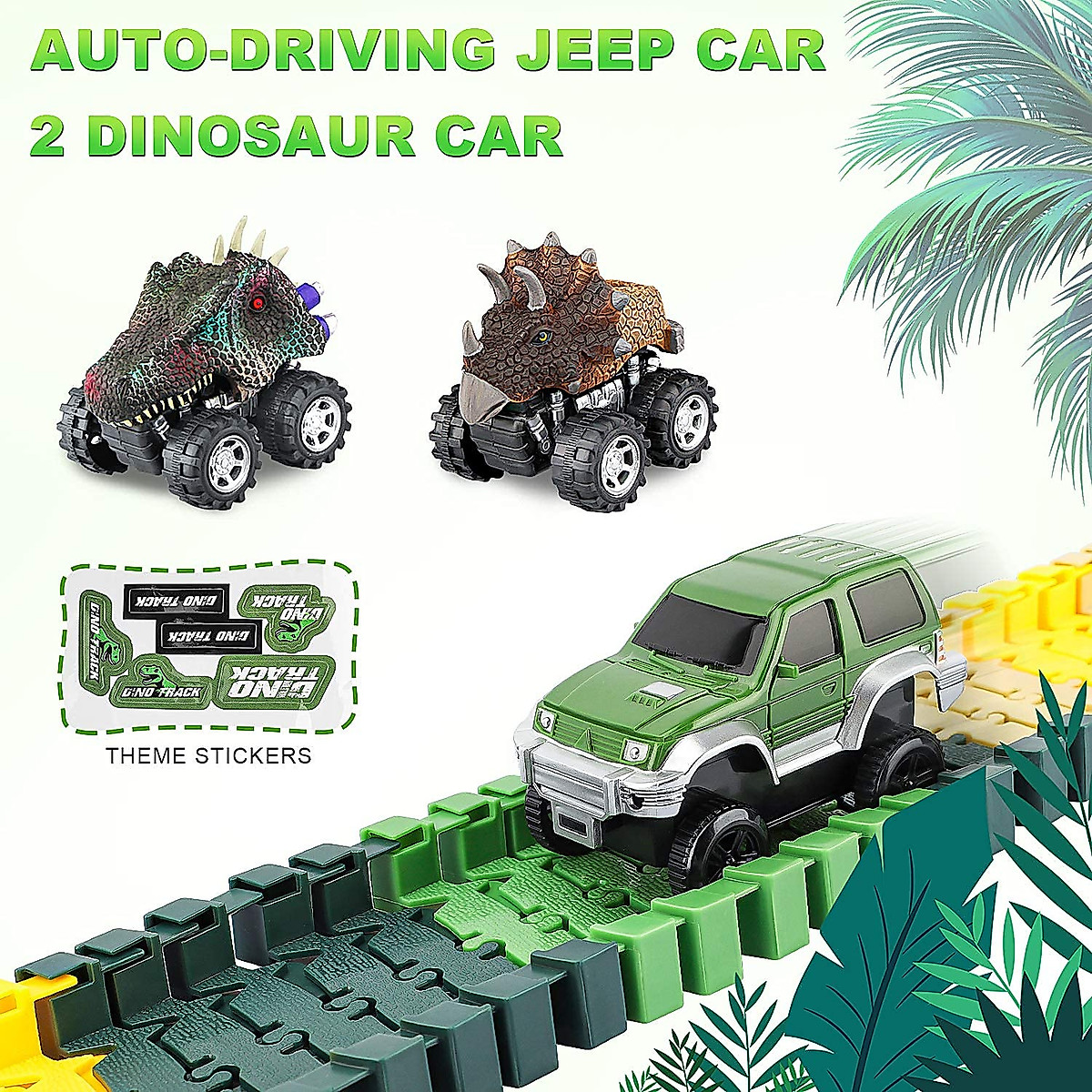 EpochAir Dinosaur Toys, 192pcs Create A Dinosaur World Road Race, Flexible Track Playset and 2 Pcs Cool Dinosaur Cars, 3pcs Dinosaurs for 3 4 5 6 7 8 Year Old Boys Girls Kids Best Birthday Gifts