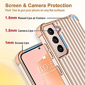 PTUONIU Kickstand Case for Samsung Galaxy S21 5G, [Two-Way Stand] [Reinforced Drop Protection] [Anti-Scratch] Slim Shockproof Stand Case with Camera Protector+Silicone Strap for Samsung S21- Gold