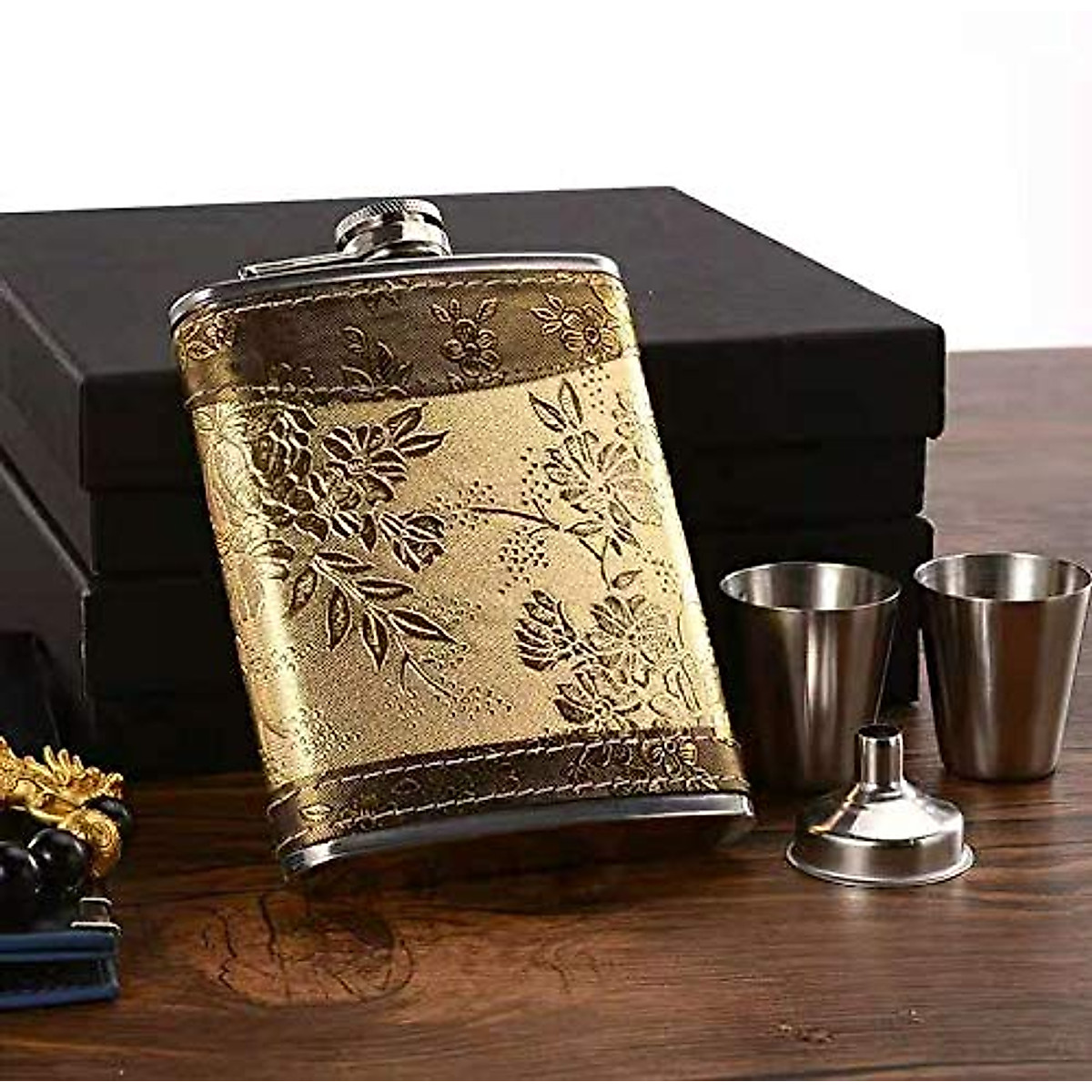 Golden pattern 8 Oz Gift 100% Stainless Steel(304/18-8 SS).Bonus 2 Shot Glass+1Funnel+1Giftbox.Flask Leak Proof Tested.Flask for Liquor/Alcohol.Flask for Men/Women