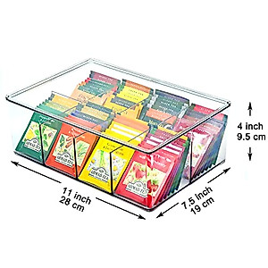 Youngever Large Plastic Tea Packet Organizer with Lids, Reusable Food Packet Storage Container Divided into 8 Compartments, Tea Bags Storage Bin (11" x 7.5" x 4")
