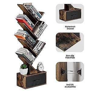 Egepon 6-Tier Tree Bookshelf with Drawer Rustic Brown Book Shelf Storage Rack Floor Standing Bookcase for CDs Movies Books Multifunctional Organizer Shelves for Home Office Living Room Bedroom