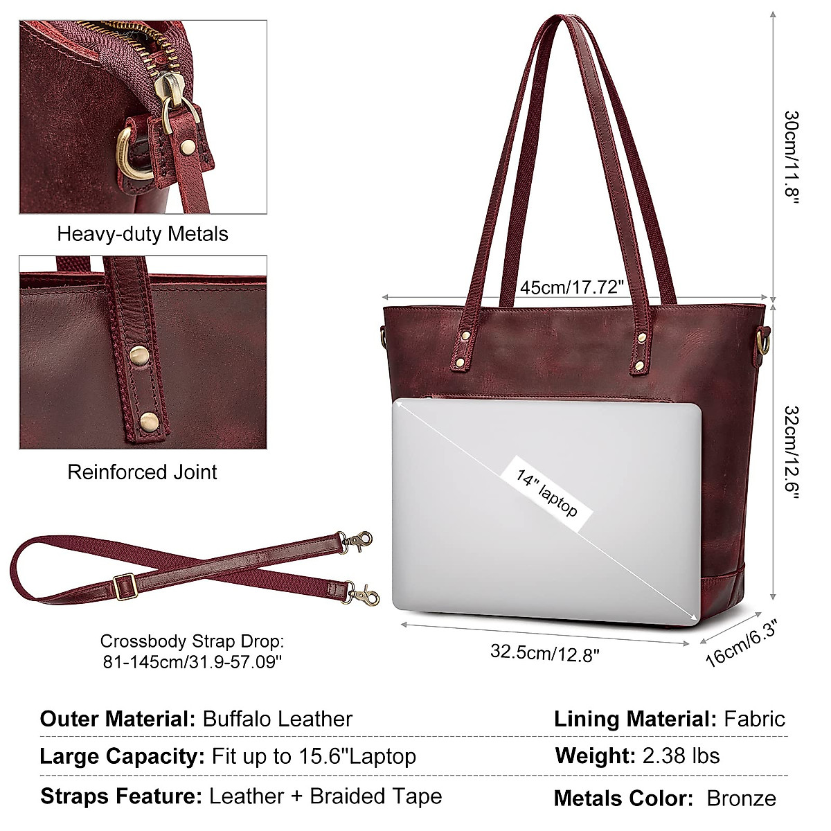 S-ZONE Vintage Genuine Leather Shoulder Laptop Bag Work Totes for Women Purse Handbag with Back Zipper Pocket
