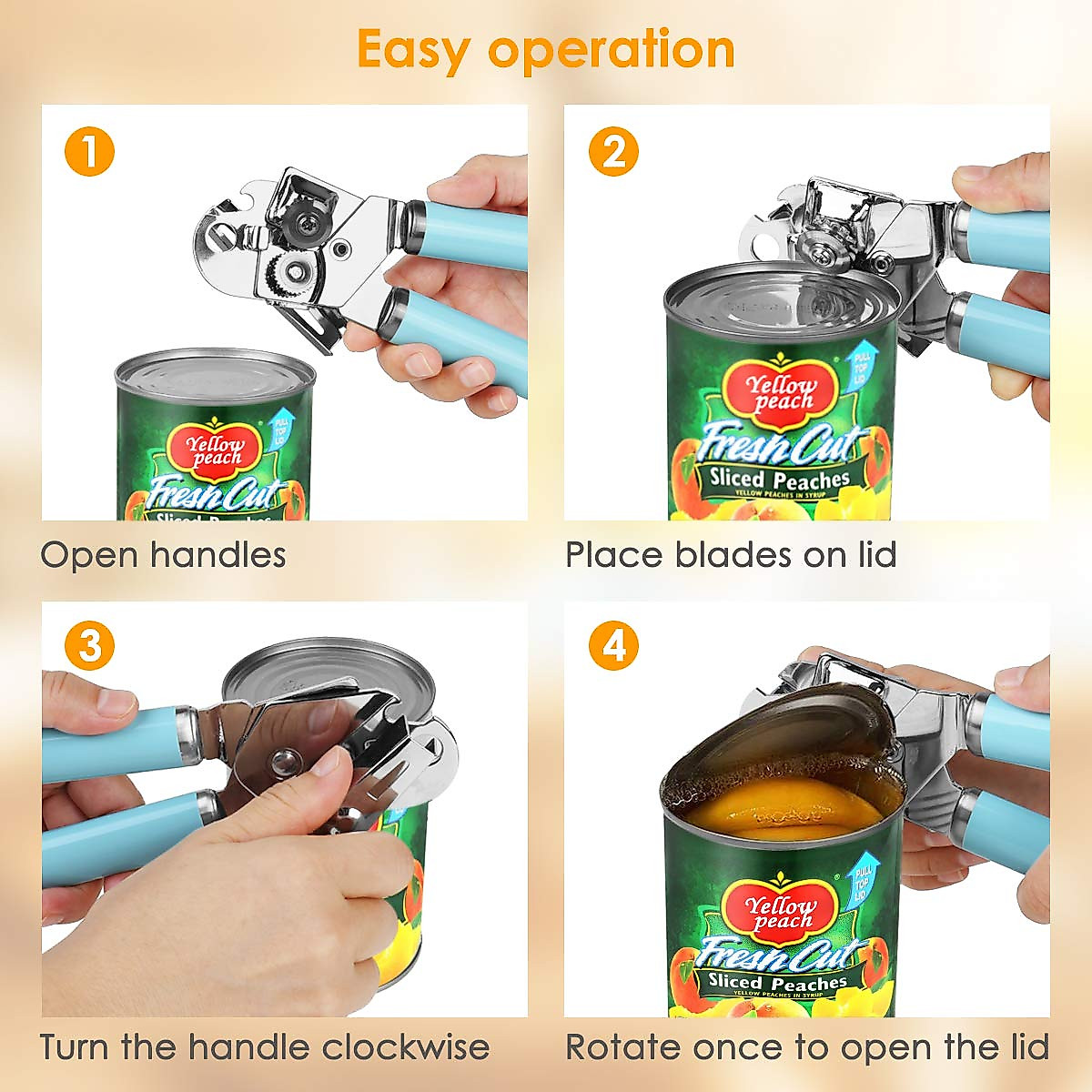 Manual Can Opener, FlyBanboo Upgraded 4 in 1 Multifunction Stainless Steel Heavy Duty Handheld Can Openers with Comfy Grip(sky blue)