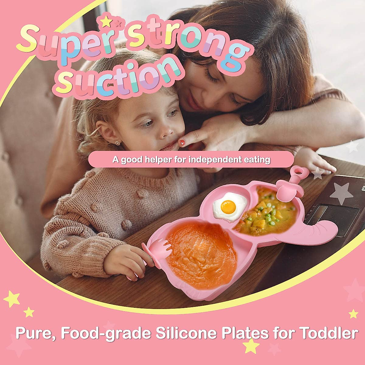 forstree PINK Silicone Suction Plate, Divided Plate for Babies and Toddlers, Adorable Elephant Shape Dish, Dishwasher- and Microwave-Safe, BPA Free PINK