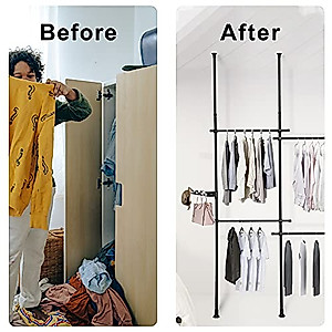 DYN Ptah Black Clothing Rack for Hanging Clothes, Double 2 Tier Adjustable Heavy Duty Free-Standing Closet System Garment Racks, Floor to Ceiling Cloth Organizer