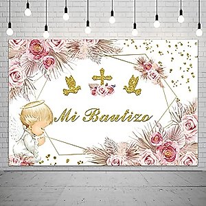 5x3ft Mi Bautizo Backdrop for Girl Baptism Gold Bless Background Boho Pink Flower Golden Dots Photography Baby Shower Banner Party Decorations Floral Newborn Photo Booth Props Supplies