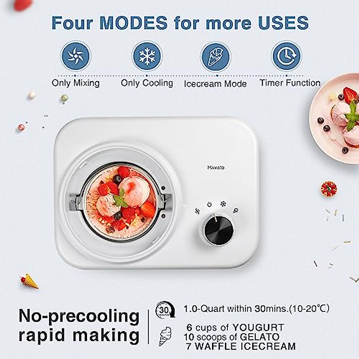 HAVATO 1.0QUART compact Ice Cream Maker with Compressor,No pre-freezing,3 Modes,sorbet machine,Homemade Sorbet/Gelato/milkshake for family of 4-5,recipe included,White