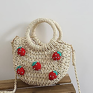 QTKJ Mini Semi-circle Rattan Straw Handbags, Hand-Woven Women Summer Retro Straw Tote Bag with Cute Dolls Shoulder Bag Crossbody Bag Round Handle Beach Handbags (Khaki, Strawberry)