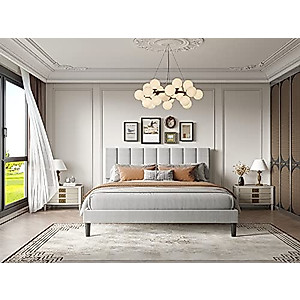 BONSOIR King Size Bed Frame Modern Vertical Panel Upholstered Low Profile Platform with Tufted Headboard/No Box Spring Needed/No Bed Skirt Needed/Linen Fabric Upholstery/Light Grey