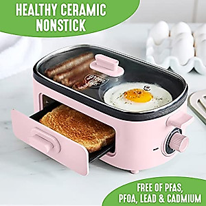GreenLife 3-in-1 Breakfast Maker Station, Healthy Ceramic Nonstick Dual Griddles for Eggs Meat and Pancakes, 2 Slice Toast Drawer, Easy-to-use Timer, Pink