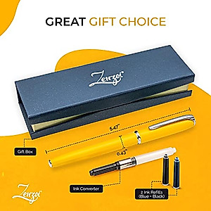 ZenZoi Yellow Fountain Pen Fine Nib - Luxury Pen For Women Men W/Schmidt Quality Tip. Refillable Smooth Writing Pen For Journaling, Drawing. Stylish High End Gift Box W/Ink Converter & Ink Cartridge