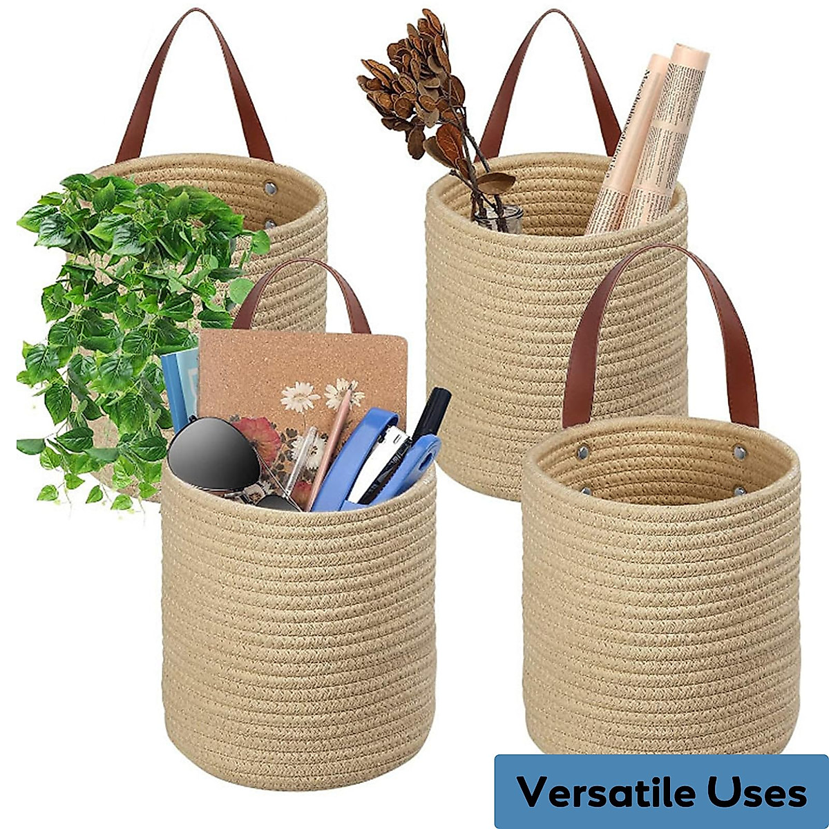 YOUEON Set of 2 Jute Hanging Basket 7.8" x 6.7", Wall Hanging Planter Baskets, Jute Woven Hanging Storage Baskets, Small Woven Baskets for Sunglasses Wallet Keys Flower Plants Towels Toys