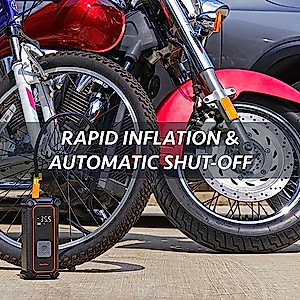 OlarHike Portable Tire Inflator - Air Compressor for Car Tires with Automatic Shutoff - 120 psi Digital Pressure Gauge and Emergency LED Light - Cordless and Compact Automotive Pump - Black and Orange