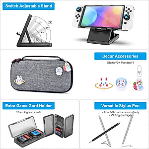 innoAura Switch OLED Accessories Bundle 19 in 1 Switch Bundle with Switch Case, Switch Game Case, Switch OLED Screen Protector, Switch Stand, Switch Thumb Grips (Gray)