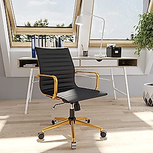 COROCC Office Desk Chair Modern Conference Room Task Chairs Leather Computer Swivel Excutive Ribbed Ergonomic Rolling Comfortable Chair for Home Office Black and Gold Chair