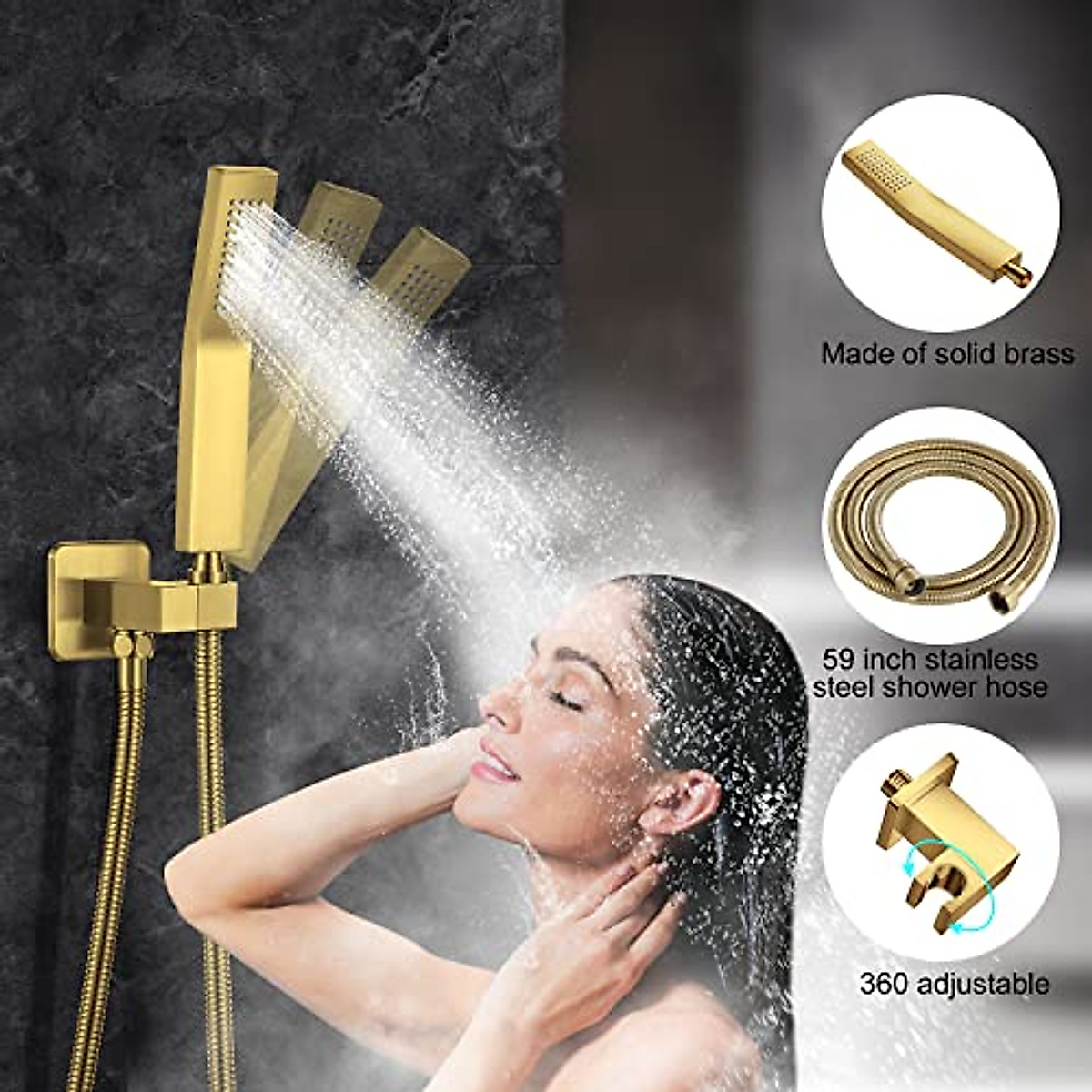 NERDON Shower System, 12 Inch Brushed Gold High Pressure Shower Head with Rain Handheld Combo Set, Ceiling Mounted Dual Shower Head System, Bathroom Shower Faucet Set Rough-in Valve Body and Trim