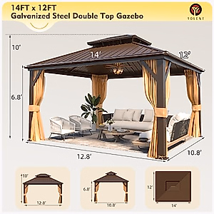 YOLENY 12' x 14' Gazebo, Hardtop Gazebo with Aluminum Frame, Double Galvanized Steel Roof, Curtains and Netting Included, Metal Gazebos Pergolas for Patios, Garden, Lawns, Parties