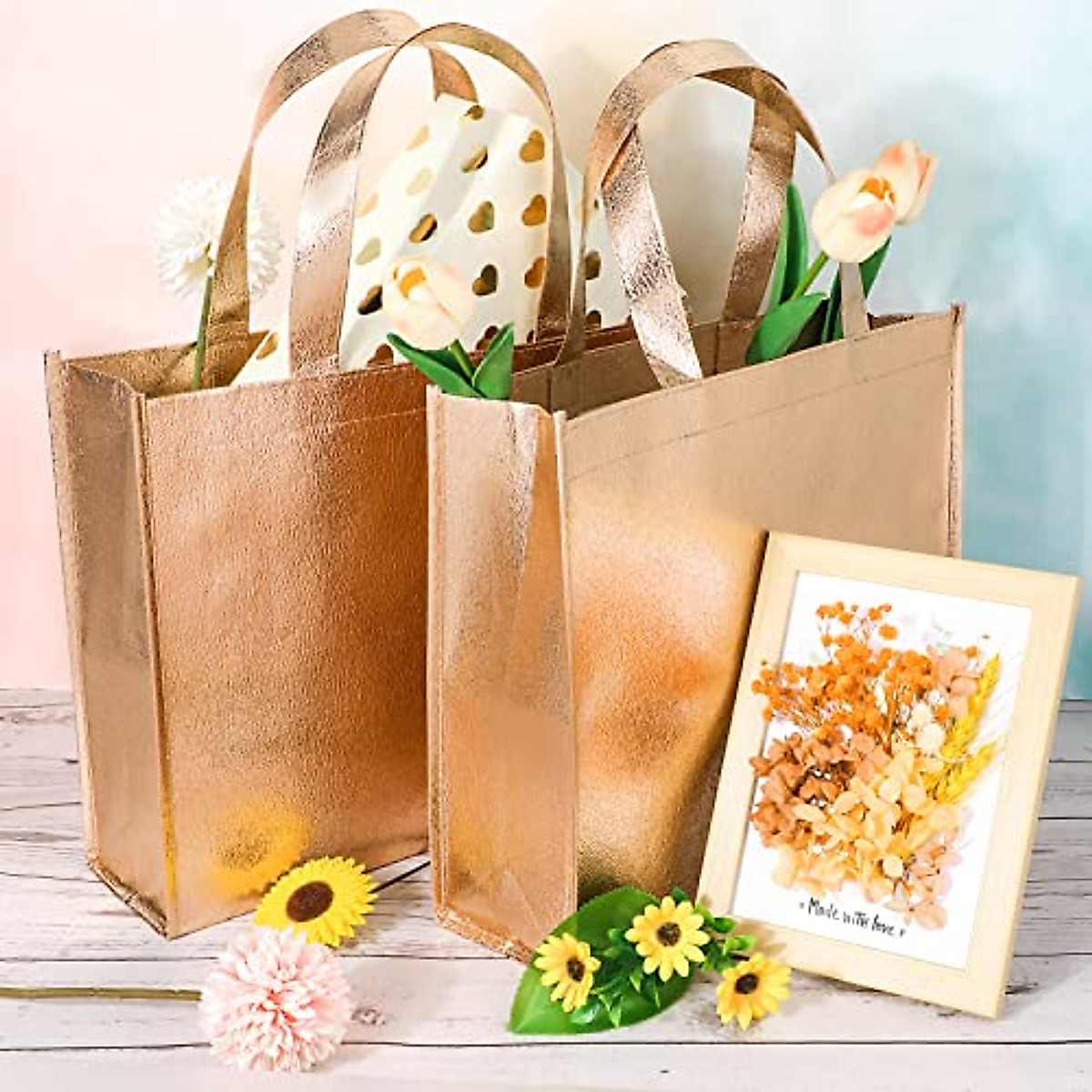 PHOGARY 12 Large Gift Bags with Handles, Stylish Tote Bags for Birthday Wedding Party Favor Christmas Present Wrap, Reusable Glossy Grocery Bags, non-woven fabric (Rose Gold)