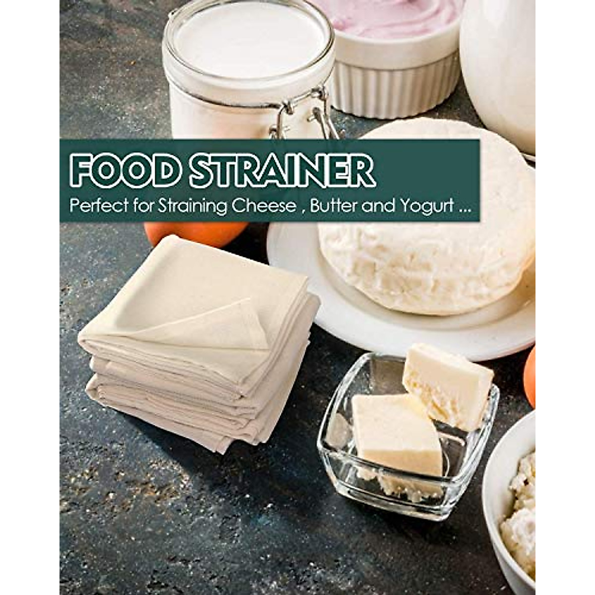 6 PCS 20x20 Inch Hemmed Cheesecloth, Grade 100, 100% Unbleached Cotton Fabric Ultra Fine Reusable Muslin Cloth for Straining, Cooking, Baking, Home