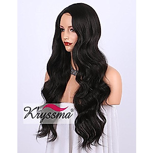 K'ryssma Black Synthetic Wigs for Black Women, Natural Looking Long Wavy Wigs Right Side Parting NONE Lace Front Black Wig Heat Resistant Fiber Wigs Hair Replacement Wig 24 inch