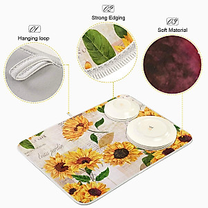 Qilmy Sunflowers Dish Drying Mat Water Absorption Tableware Drying Mat for Kitchen Countertop Home Decoration, 16 x 18 Inch Non Slip Dish Mats, Heat Resistant Countertop Protection