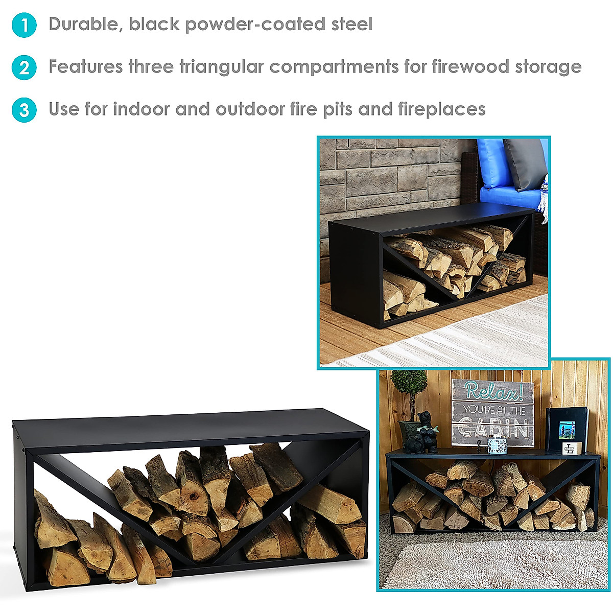 Sunnydaze Triple Triangle Black Powder-Coated Steel Log Rack - Outdoor and Indoor Firewood Storage - 41-Inch