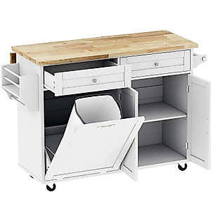 Large Kitchen Island with Drop Leaf,Kitchen Rolling Trash Cabinet Tilt Out 10 Gallon Storage W/2 Drawers,Movable Carts on Wheels with Spice Rack&Towel Rack for Home, Kitchen and Dining Room(White)