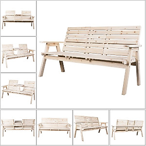 Kdgarden Cedar/Fir Log Wood Patio Garden Bench with Foldable Table, Outdoor Wooden Porch 3-Seat Bench Chair for Garden Balcony Patio Backyard, Natural Finish