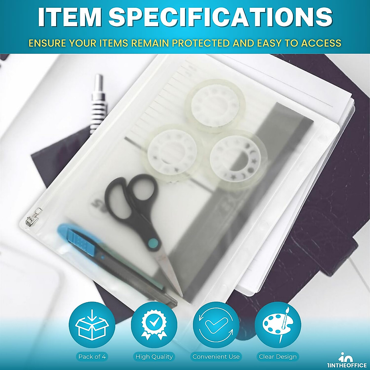 1InTheOffice Pencil Pouch for 3 Ring Binder, Binder Pencil Pouch, Zipper Pencil Pouch, 10" x 8", Clear, 4 Pack