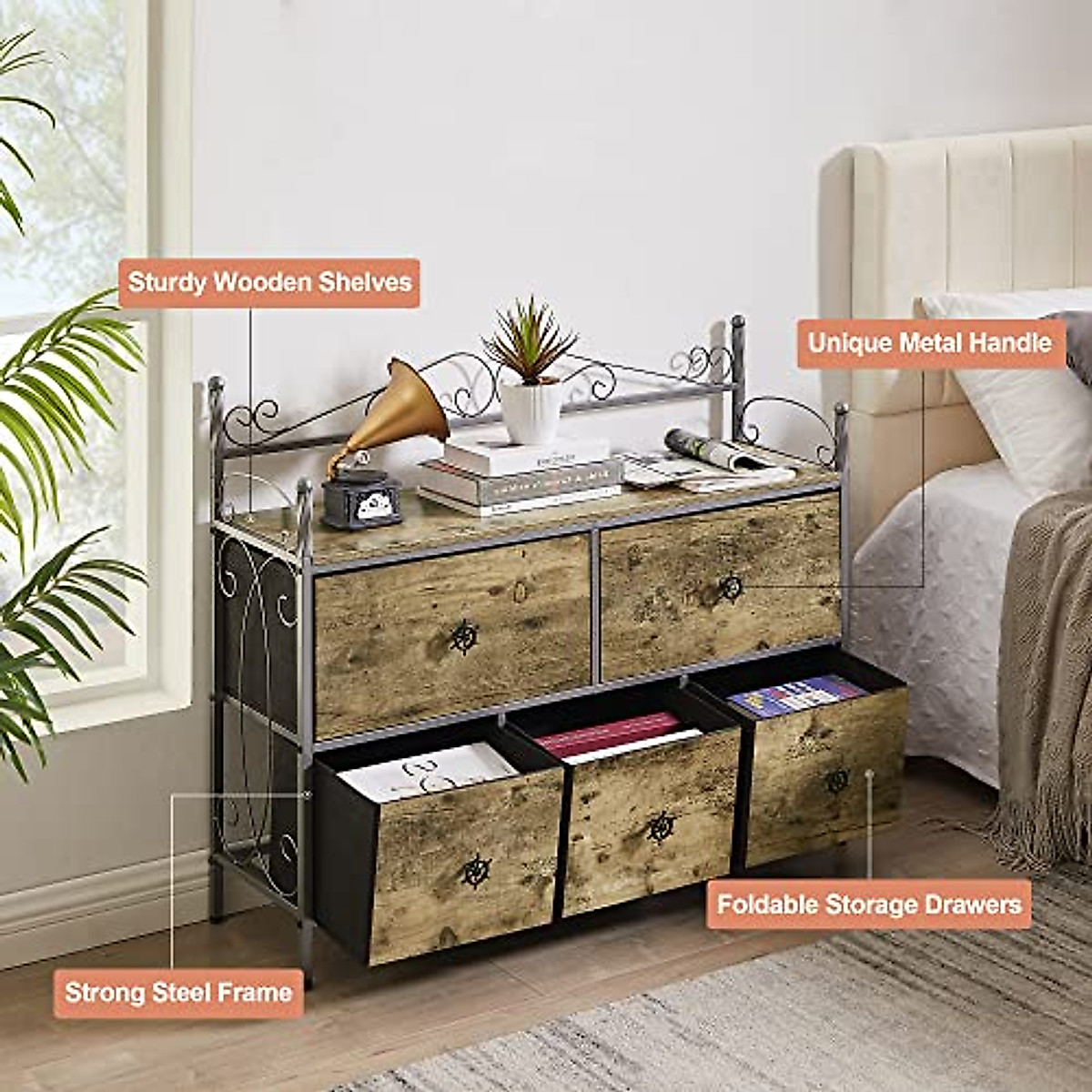 VECELO Dresser for Bedroom with 5 Drawers, Storage Organizer Unit with Shelf for Closet, Living Room,Wood Board,Grey