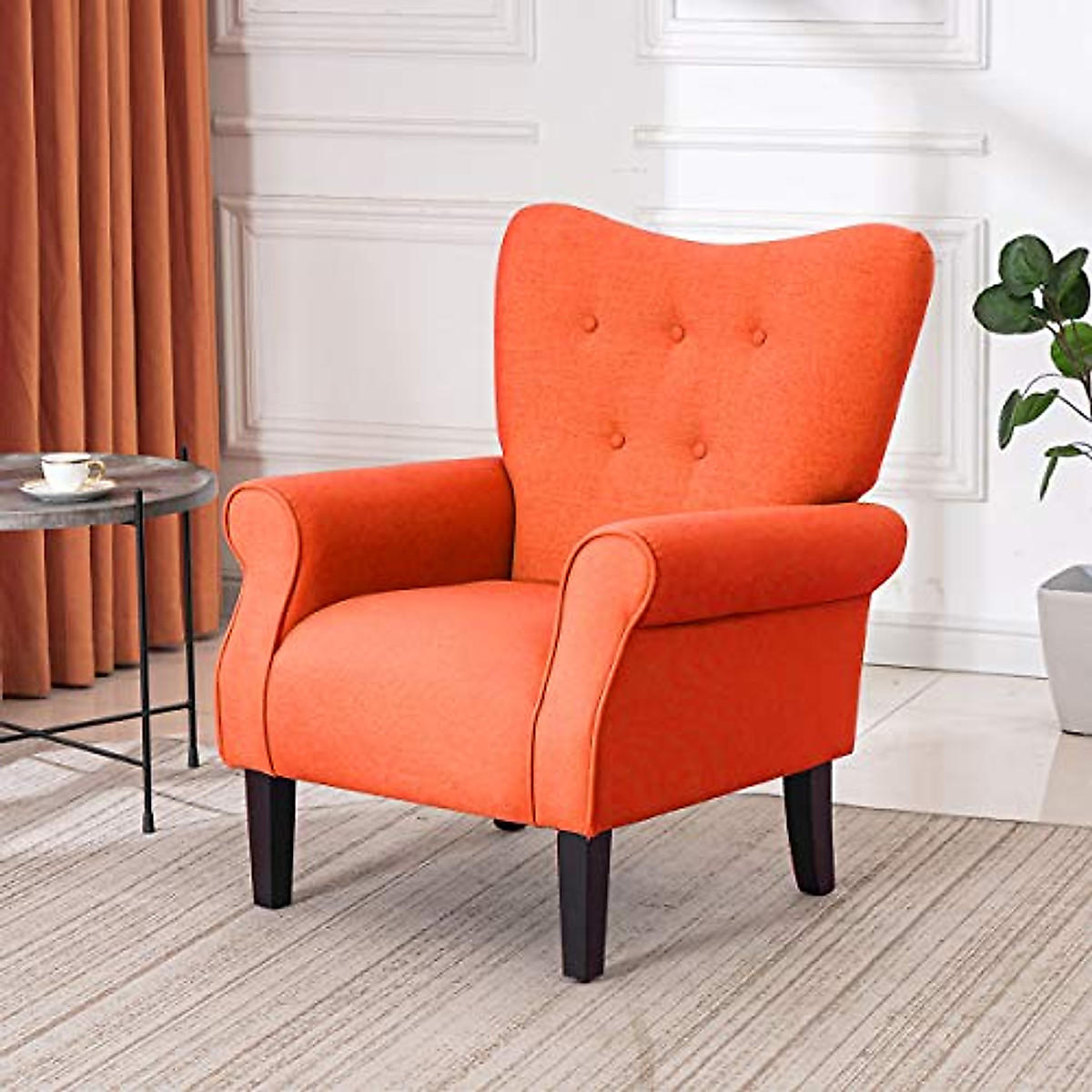 YOLENY Modern Accent Chair,High Back Armchair,Upholstered Fabric Button Single Sofa with Wooden Legs for Living Room,Bedroom,Club,Orange
