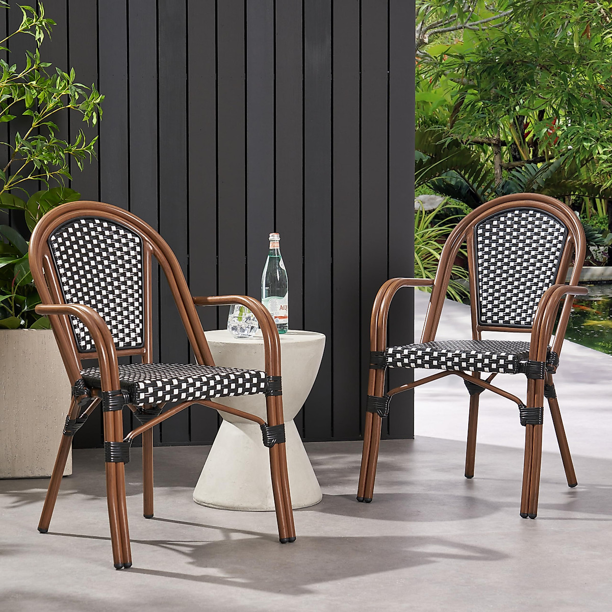 BKSFOAA French Bistro Chairs Set of 2 | Outdoor Hand-Woven Rattan Wicker Dining Armchair for Patio Porch Garden | Double Tube Aluminum Frame & Bamboo Print Finish | Black+White