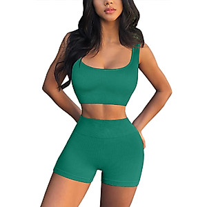 QINSEN Workout Sets for Women 2 Piece Seamless Ribbed Crop Tank High Waist Shorts Yoga Outfits (L, Emerald Green)