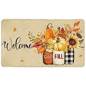 Xsinufn Fall Door Mat Outside,Pumpkin Leaf Sunflowers Welcome Mat for Front Door,Thanksgiving Autumn Indoor Outdoor Non-Slip Rugs,Fall Doormat for Farmhouse Home Porch Decorations 30" x 17"