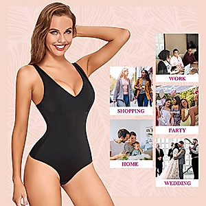 Nebility Women Waist Trainer Shapewear Slim Body Shaper Deep V Neck Thong Bodysuit Tummy Control Jumpsuit Tops (M, Black)