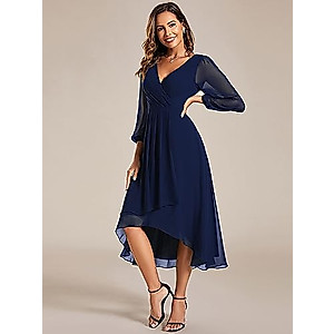 Ever-Pretty Women's Chiffon Spring V Neck Long Sleeves Pleated A-Line Midi Length Wedding Guest Dress Navy Blue US12