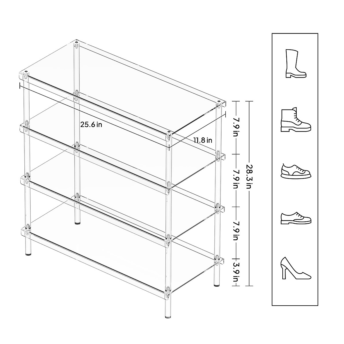 Aquiver 4-Tier Acrylic Shoe Rack - Shoe Rack Organizer - Modern Shoe Storage Shelf, Holds 12-16 Pairs of Shoes for Entryway, Closet - 25.6'' L x 11.8'' W x 28.3'' H, Clear, Easy Assembly & Clean