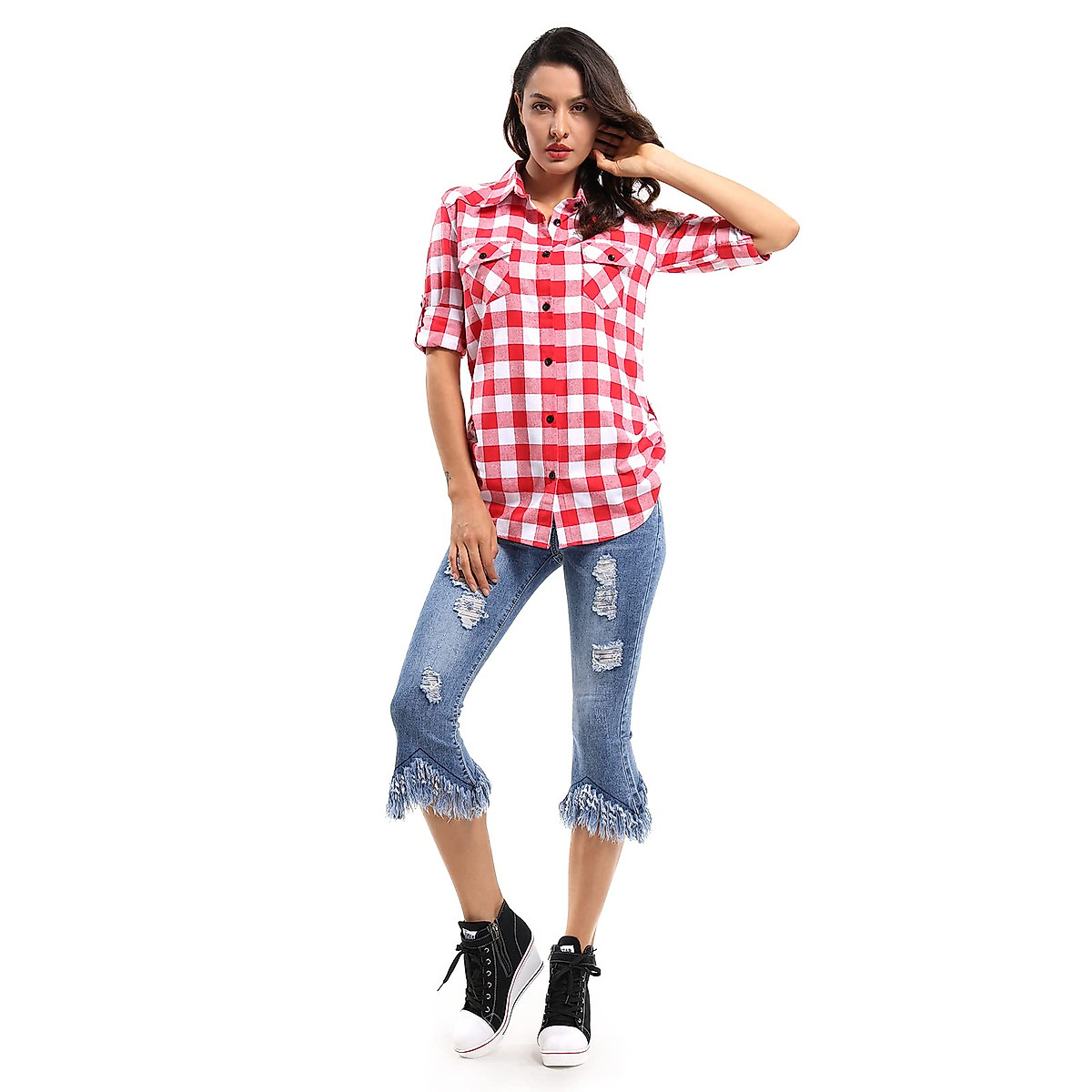 OCHENTA Women's Roll Up Sleeve Button Down Plaid Flannel Shirt Fall Casual Tops M042 Red White M