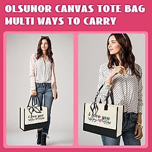 OLSUNOR Personalized I Love You Canvas Beach Bag Monogram Birthday Gifts for Women Embroidery Tote Bag w Makeup Bag Inner Zipper Pocket Customized Ribbon for Women, Mom, lover, Friends, Bridesmaids