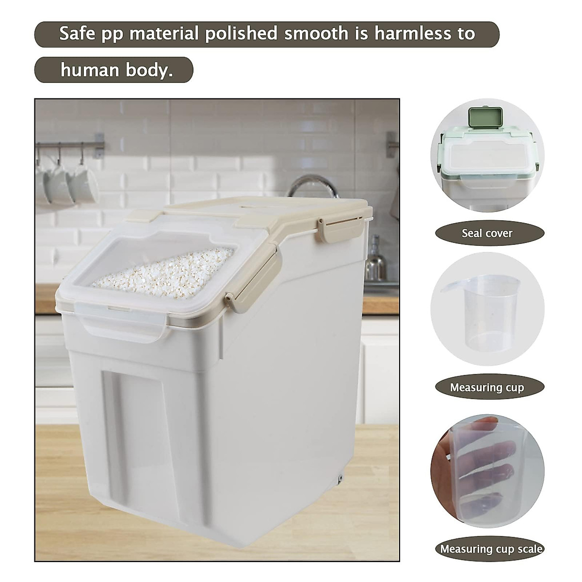 2 Pack Rice Storage Container 50 lbs, Airtight Flour Storage Containers Bin with Measuring Cup & Scoop, BPA Free Plastic Rice Dispenser for Flour, Rice, Grain Holder (Gray)