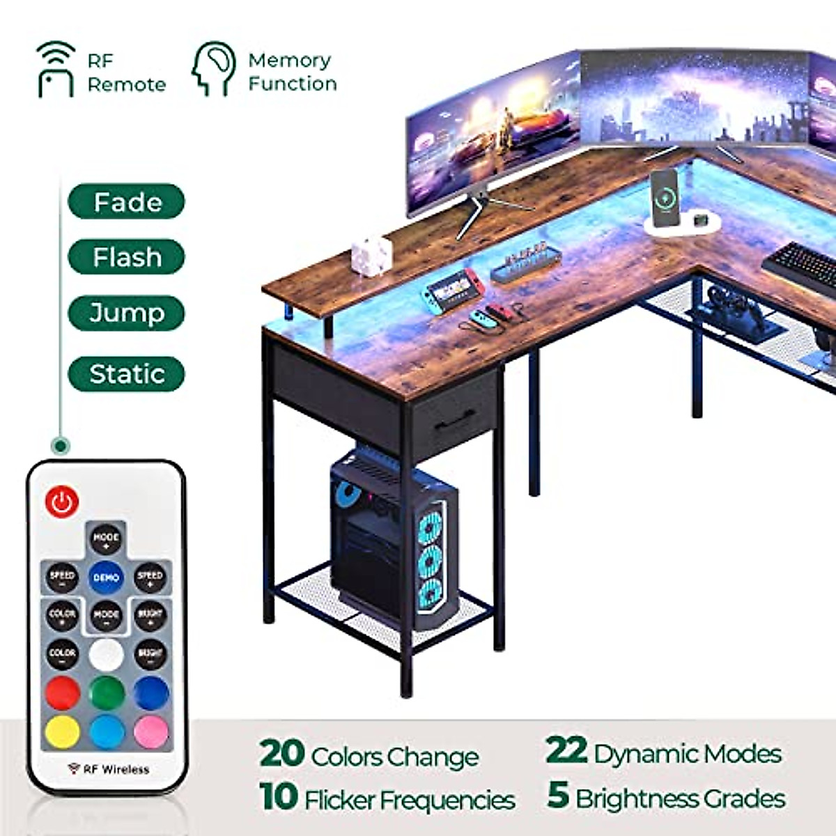 Huuger L Shaped Desk Computer Desk with LED Lights & Power Outlets, Gaming Desk with Storage Shelves, Corner Desk Home Office Desk, Rustic Brown